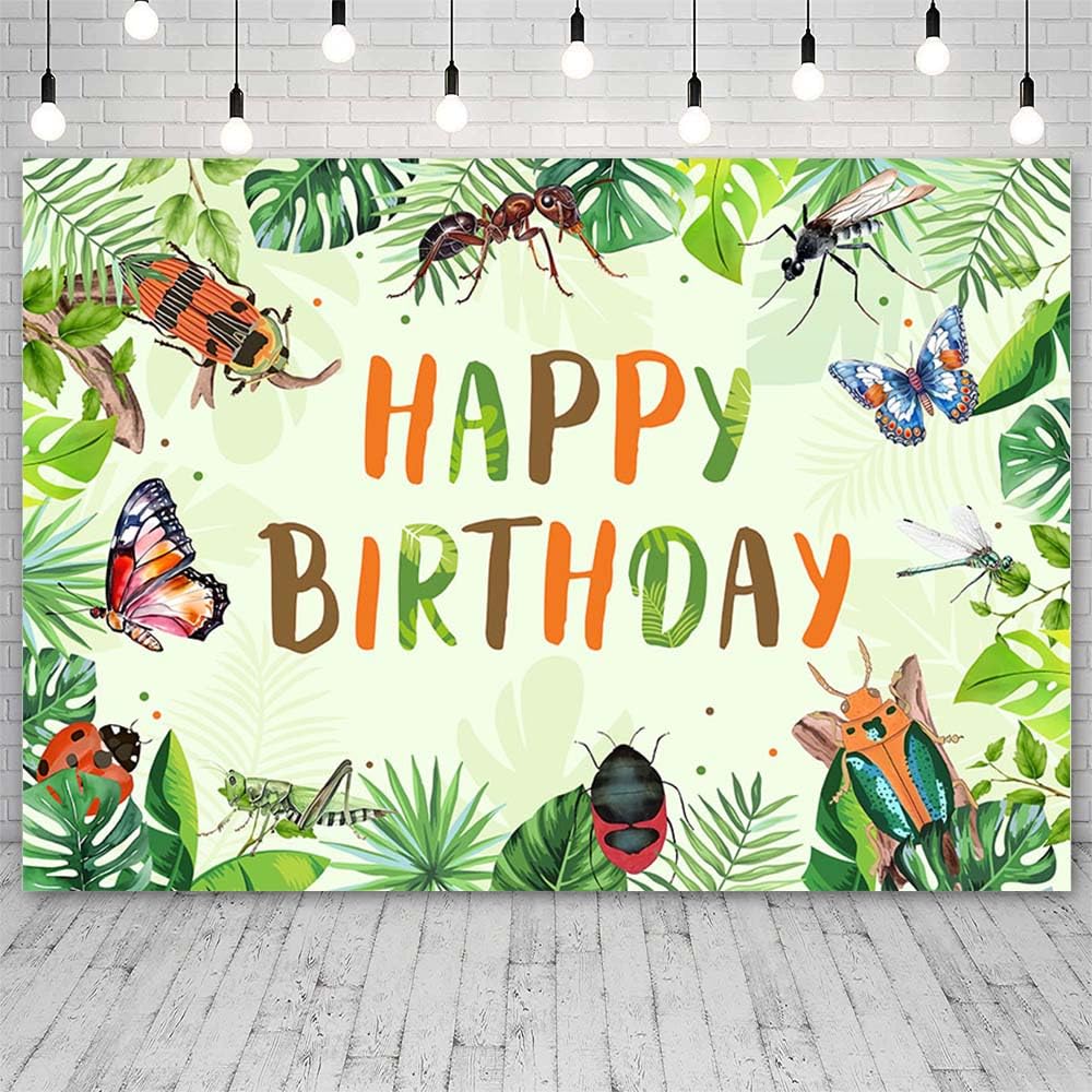 AIBIIN 7x5ft Happy Birthday Backdrop Bugs Green Insect Plant Theme ...