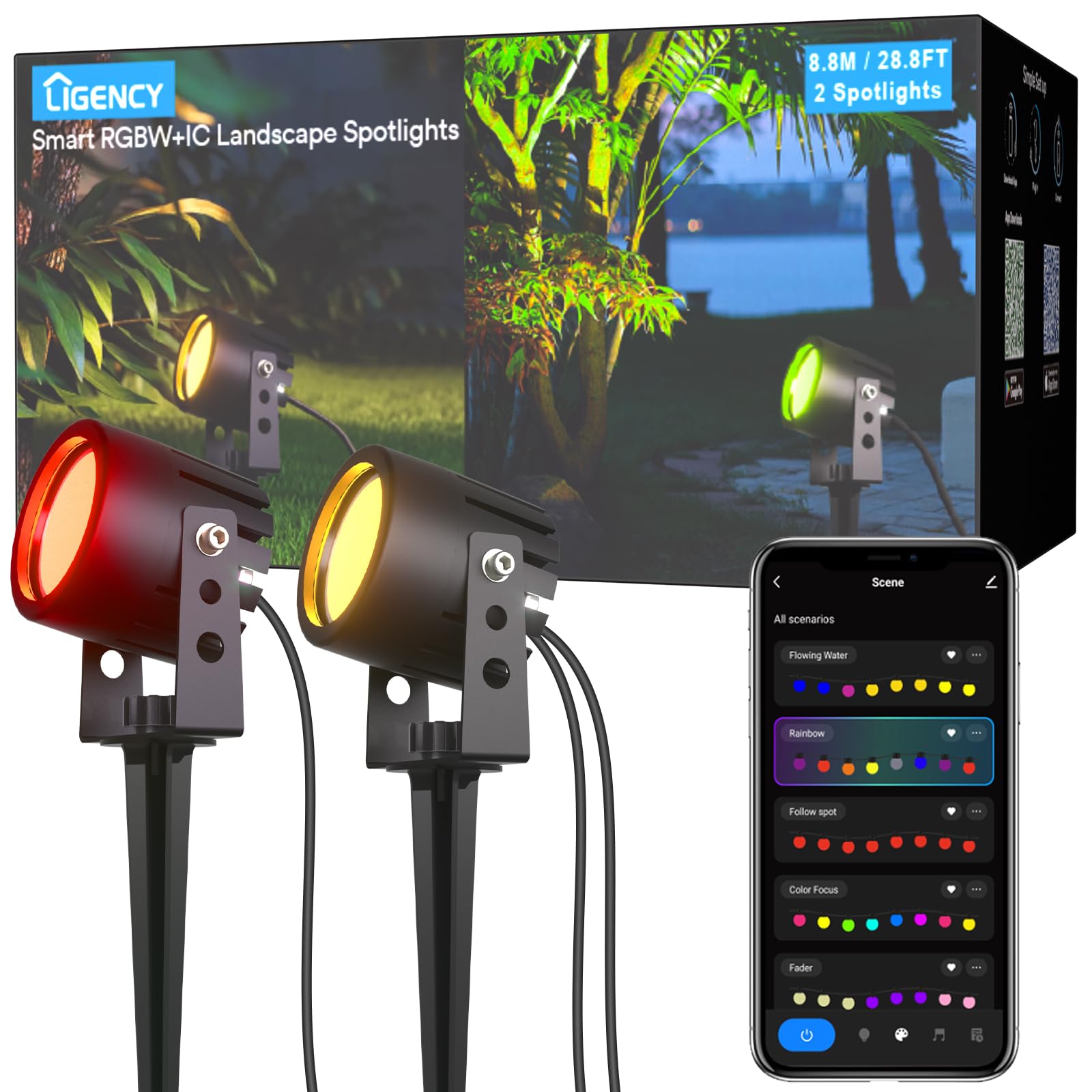 Ligency Smart Landscape Lights Pro, 1200LM RGBW+IC Color Changing Outdoor Spot Lights Compatible ...