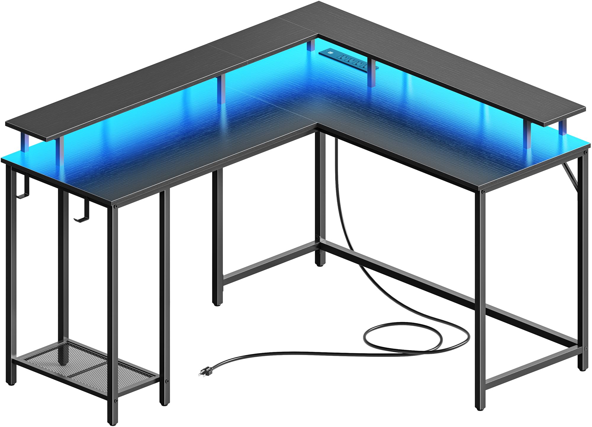 SUPERJARE Desk L Shaped Gaming Desk With LED Lights & Power Outlets ...