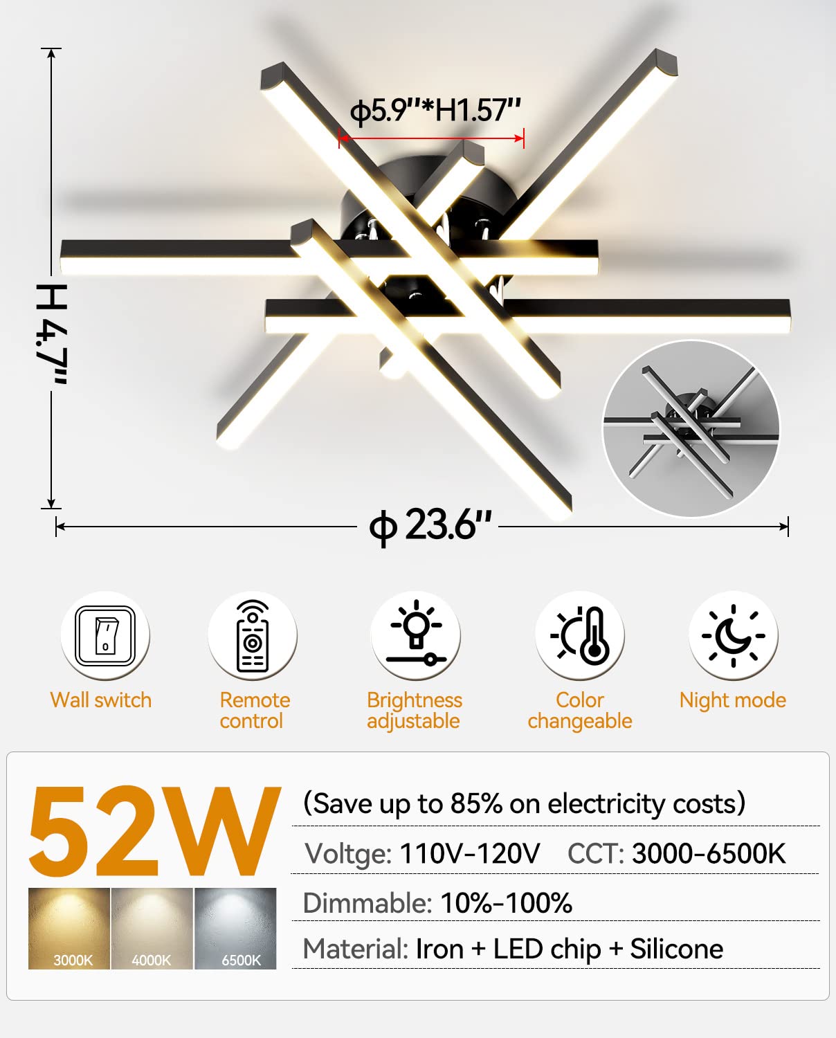 JFHTNFJ Modern Sputnik Ceiling Light Fixture 52w LED Dimmable With ...