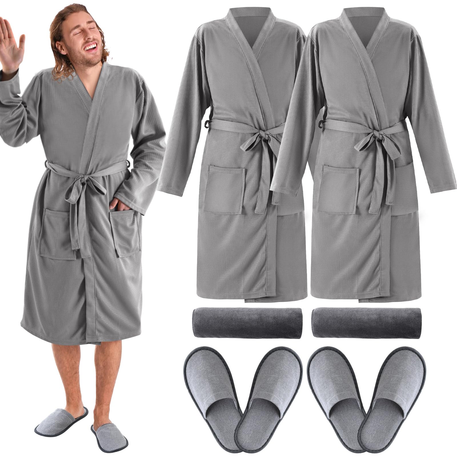 Handepo 2 Sets Waffle Bath Robe Set Unisex Hotel His and Hers Robes ...