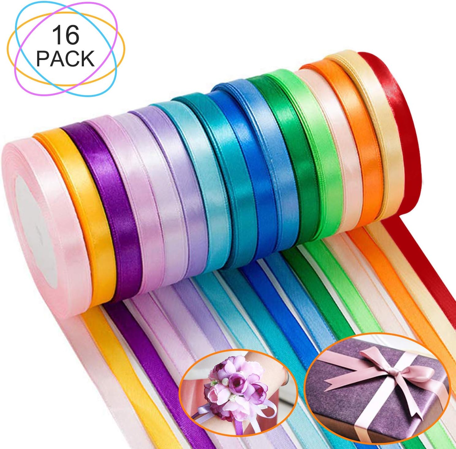 16 Rolls Satin Ribbon Bundle - 400 Yard Double Sided Silk Ribbons (10mm ...