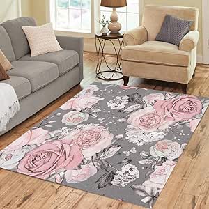 Amazon.com: Pinbeam Area Rug Pink Flowers and Leaves on Gray Watercolor ...