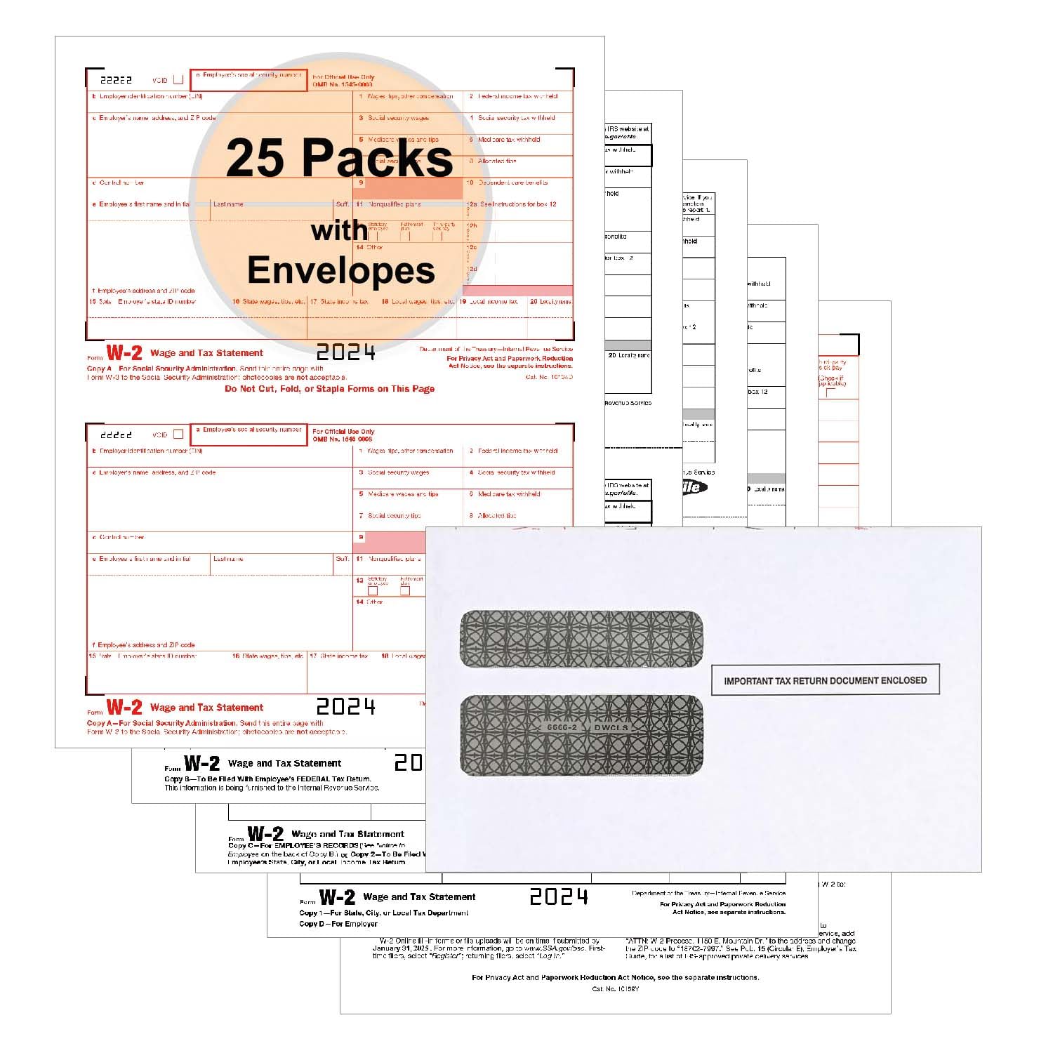 W2 Forms 2024, 6 Part Tax Forms, 25 Employee Kit of Laser Forms, 25 Self Seal Envelopes Included ...