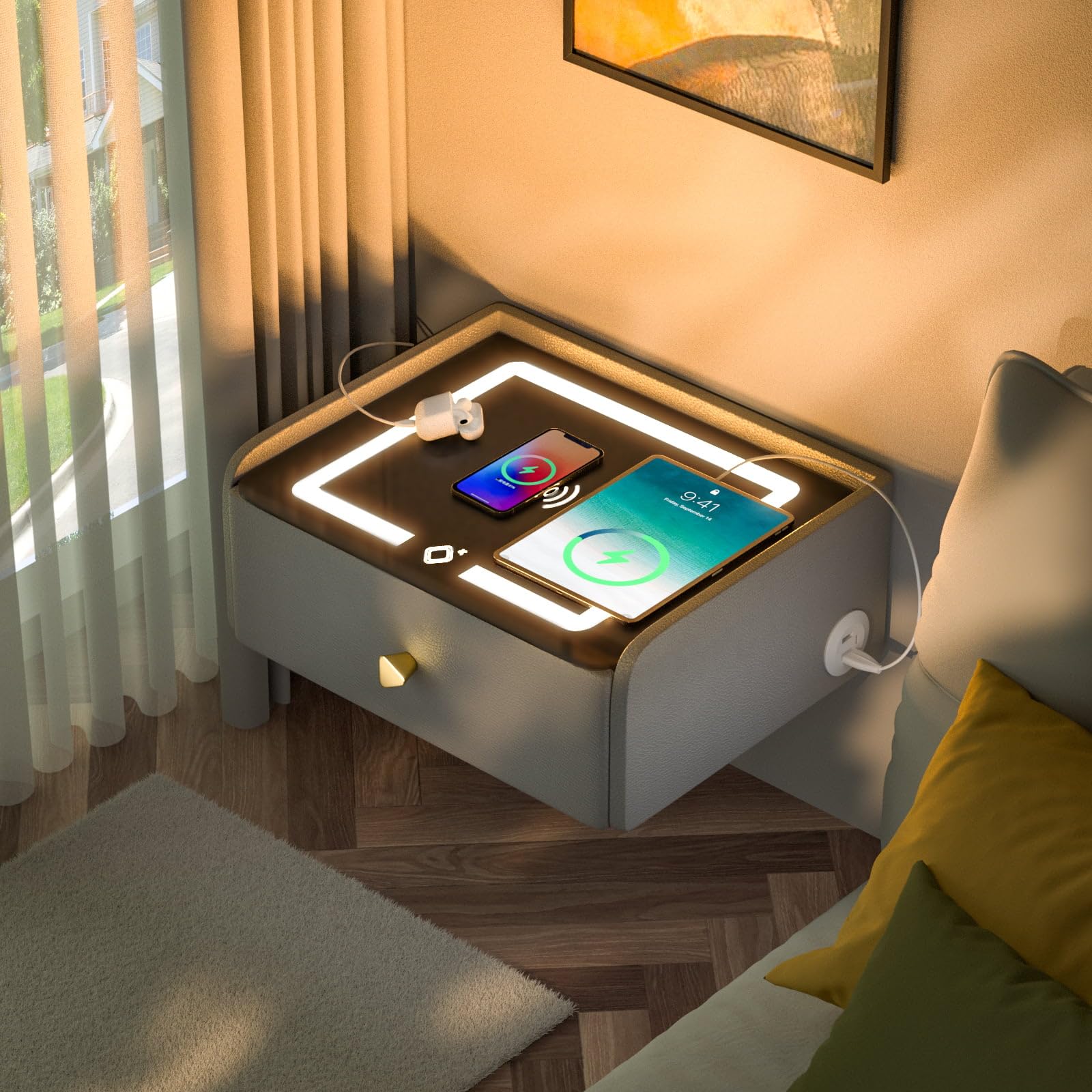 HOMEMORE Smart Nightstand Floating Bedside Table LED Nightstand with ...