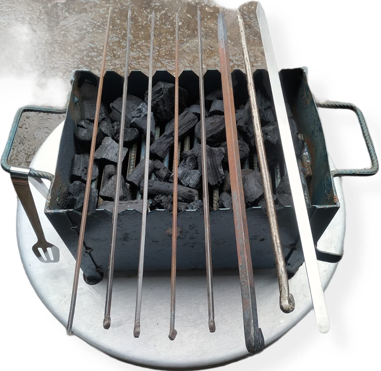 A S BBQ iron bhatti barbeque grill with 8 skewers 1 tong 1kg koyela ...