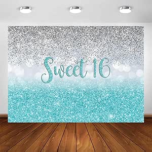 COMOPHOTO Glitter Silver Blue Sweet 16 Backdrop for Girls Birthday ...