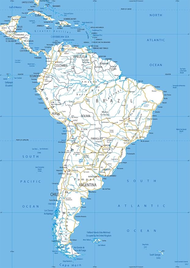 Large Detailed South America Road Map - Paper Laminated - A1 Size 59.4 ...