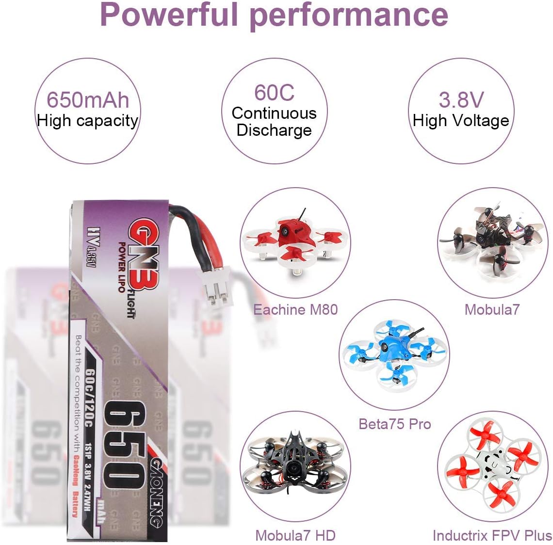 650mAh 1S LiPo Battery 3.8V HV 60C with JST-PH 2.0 PowerWhoop mCPX ...