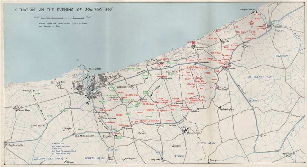 DUNKIRK EVACUATION. 30 May 1940 troop positions. Operation Dynamo. HMSO ...