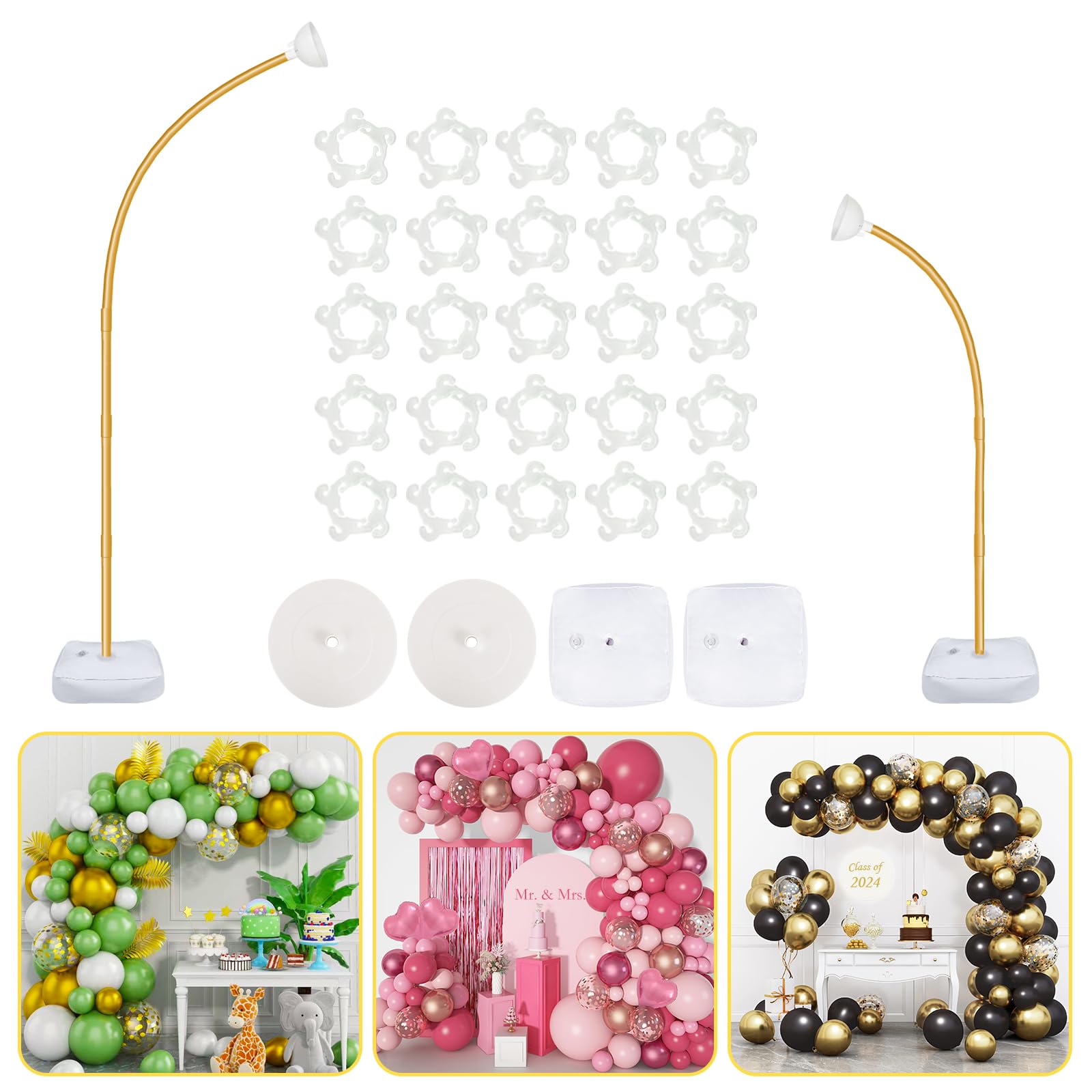 CYAOOI 8FT & 6FT Gold Balloon Arch Stand, Free Bending Top Balloon Arch ...