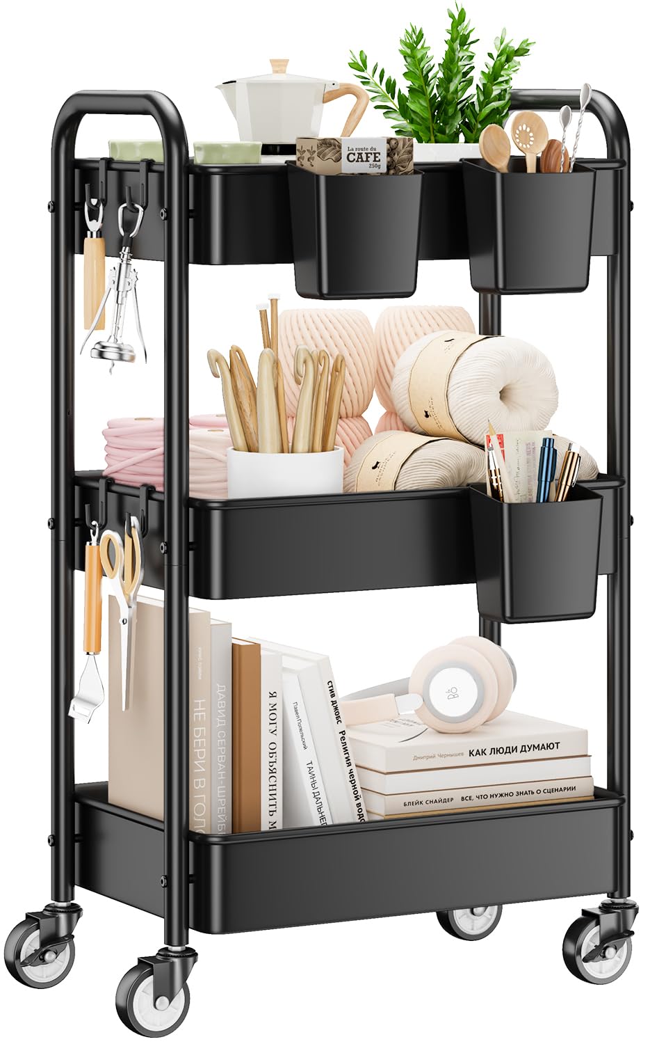 YASONIC 3 Tier Rolling Cart - Metal Utility Cart with Wheels, Hanging ...