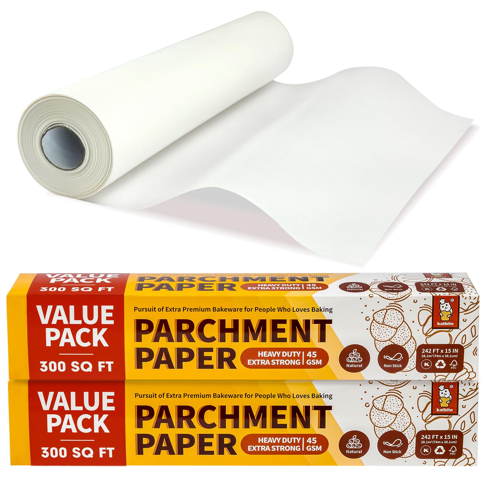 Katbite 2 Pack 15in x 242ft Parchment Paper Roll, 300 Sq. Ft Non-stick ...