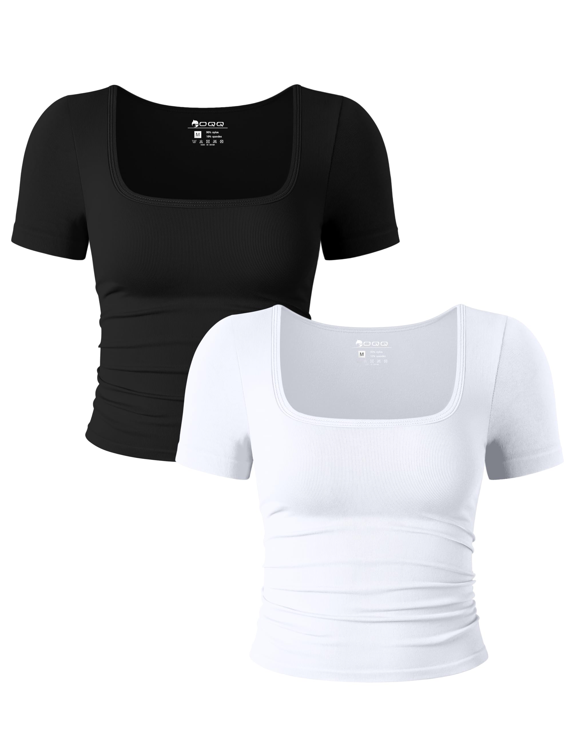 OQQ Women's 2 Piece Shirts Short Sleeve Ruched Square Neck Stretch ...