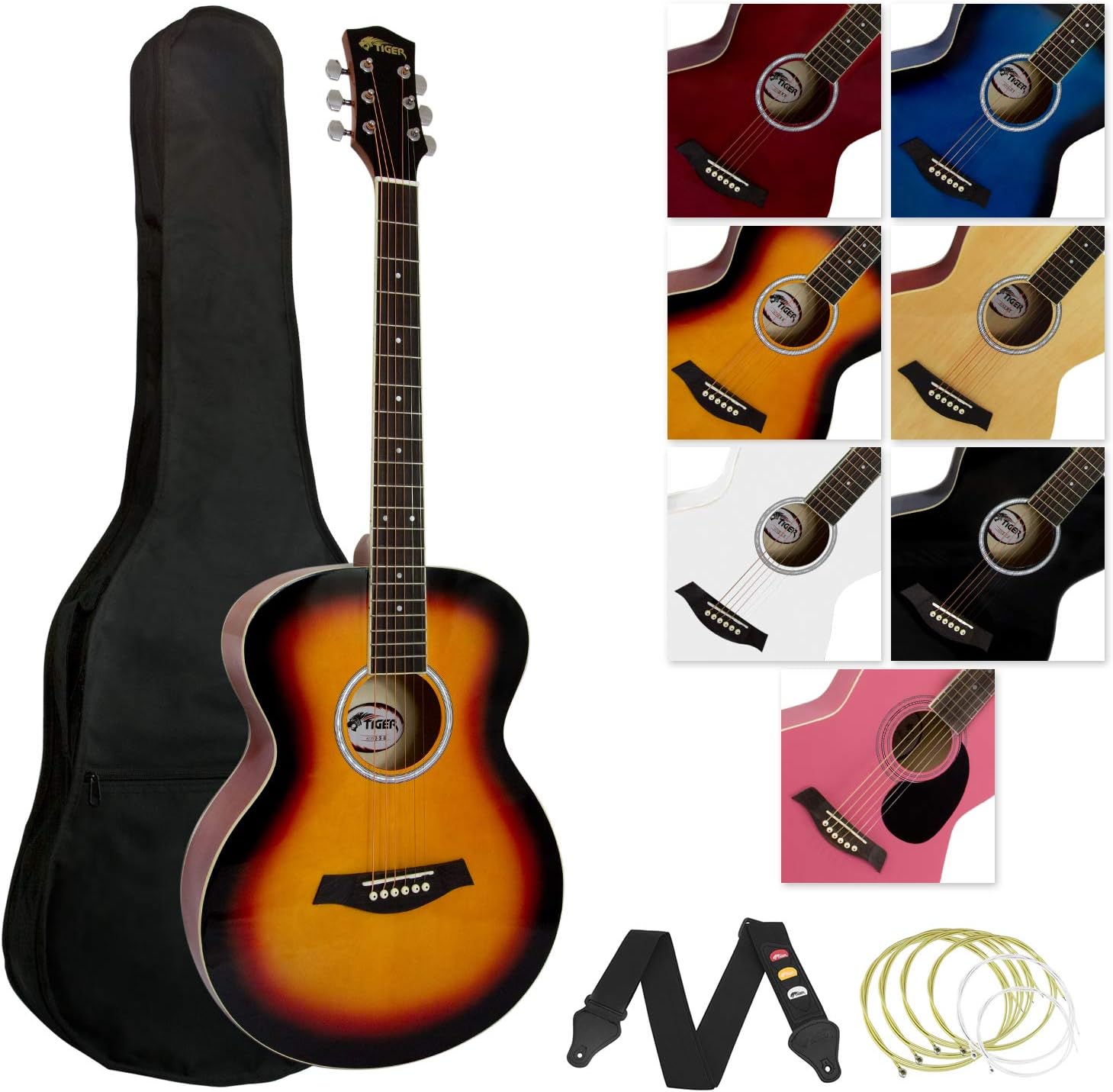 Tiger Full Size Acoustic Guitar for Beginners - Sunburst: Amazon.co.uk ...