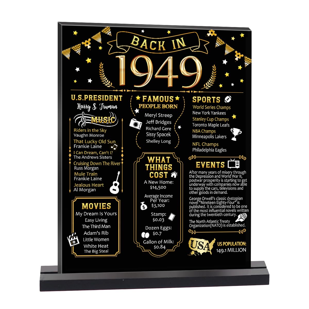 75th Birthday Party Decoration, Black Gold Back in 1949 Table Sign with ...