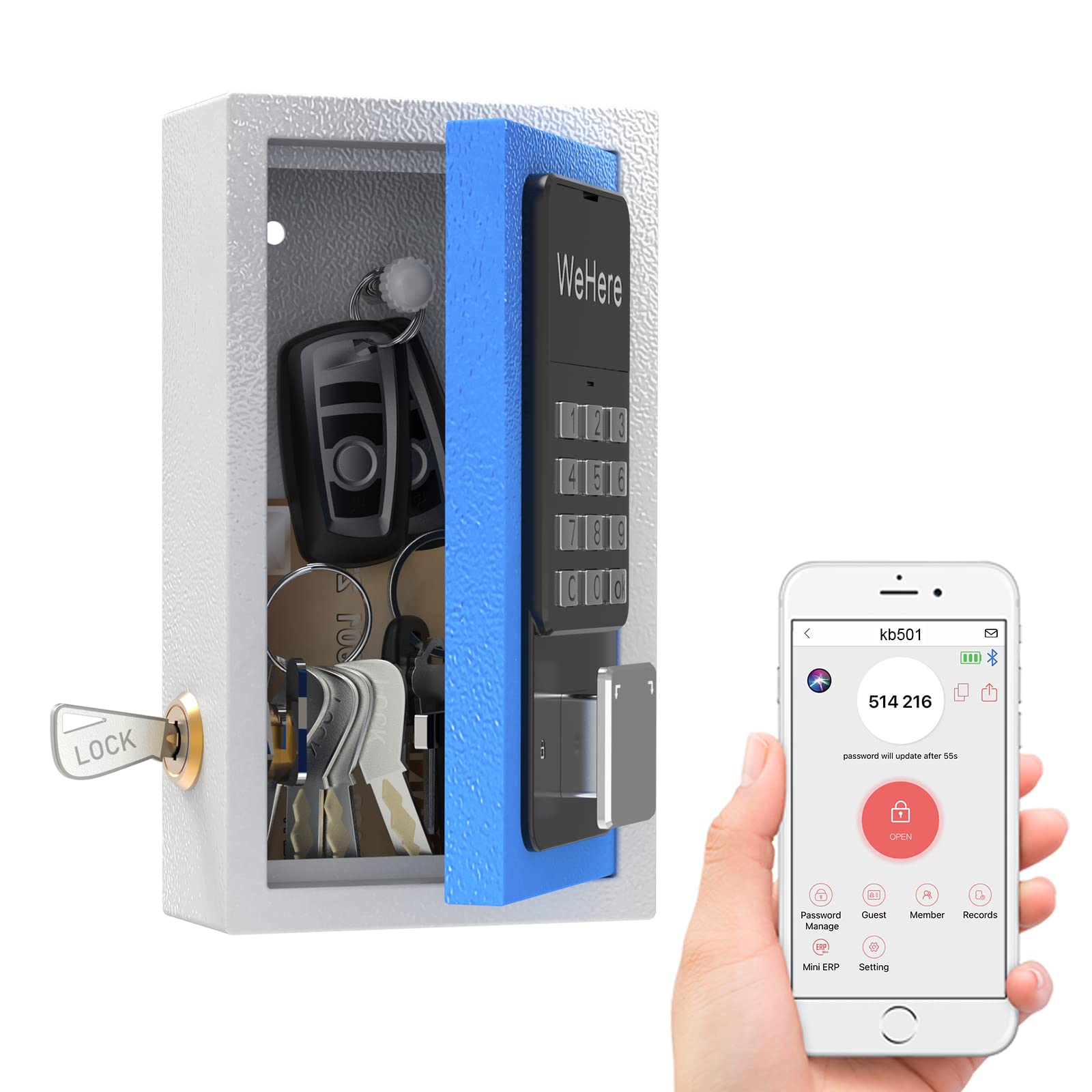 WeHere Key Lock Box Wall Mount, OTP/Fixed Password, APP Bluetooth/Wi-Fi ...