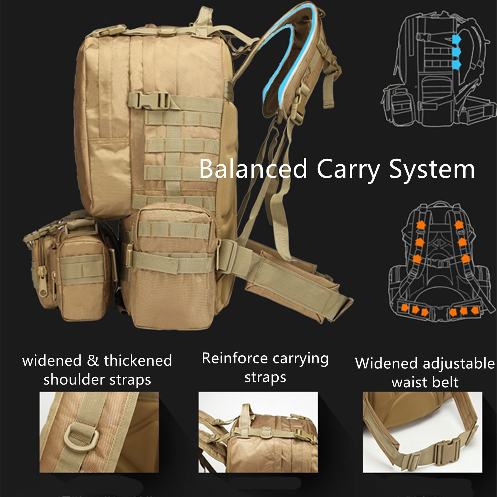 YunYunStrap 50L Large Tactical Backpack Military Army Rucksack ...