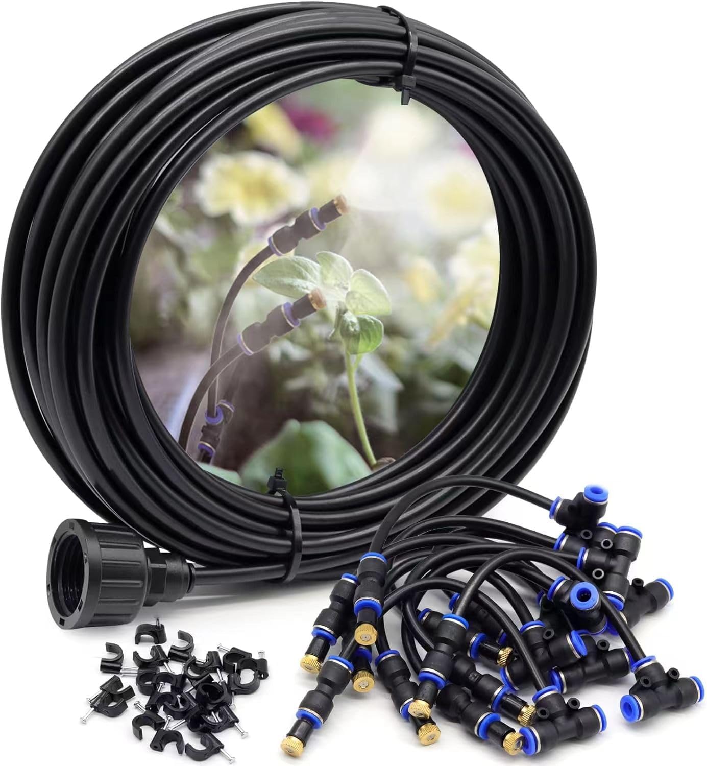 JJF Instant Cooling Misting System Kit, 65.6FT Black PU Tubing with 20 ...