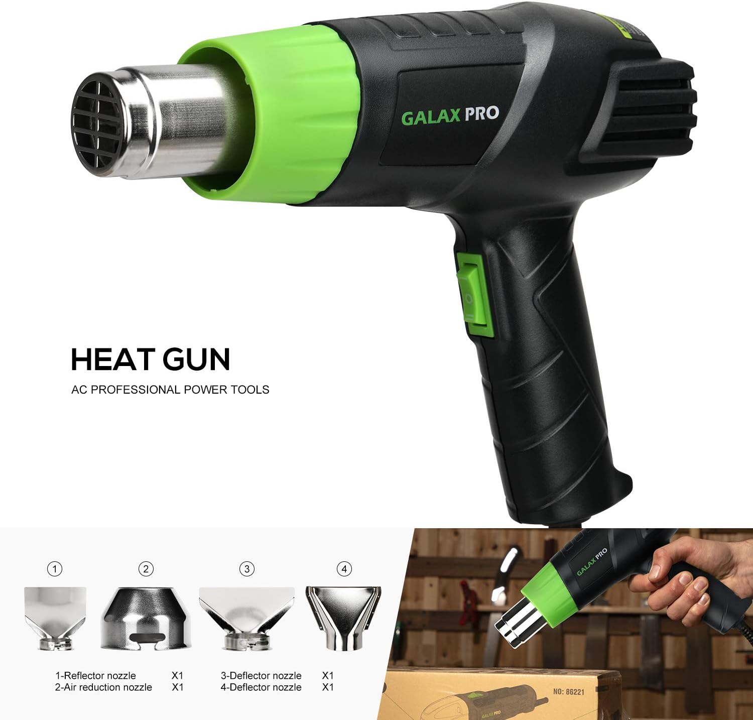 Heat Gun, GALAX PRO 2000W Hot Air Gun with 2 Temperature Modes and 4 ...