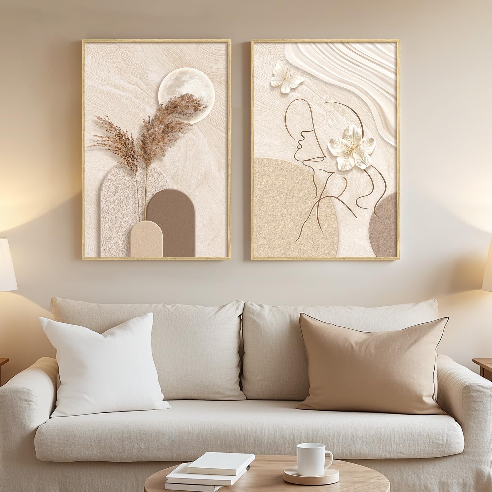Framed Neutral Abstract Wall Art, Set of 2 Tan and Cream Beige Canvas ...
