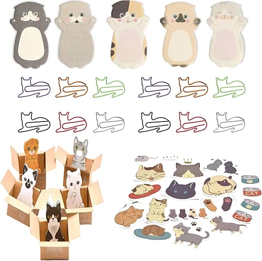 CAT Sticky Notepad Set,Cute Cat Self-Sticky Notes&Cat Paper Clips,Cat ...