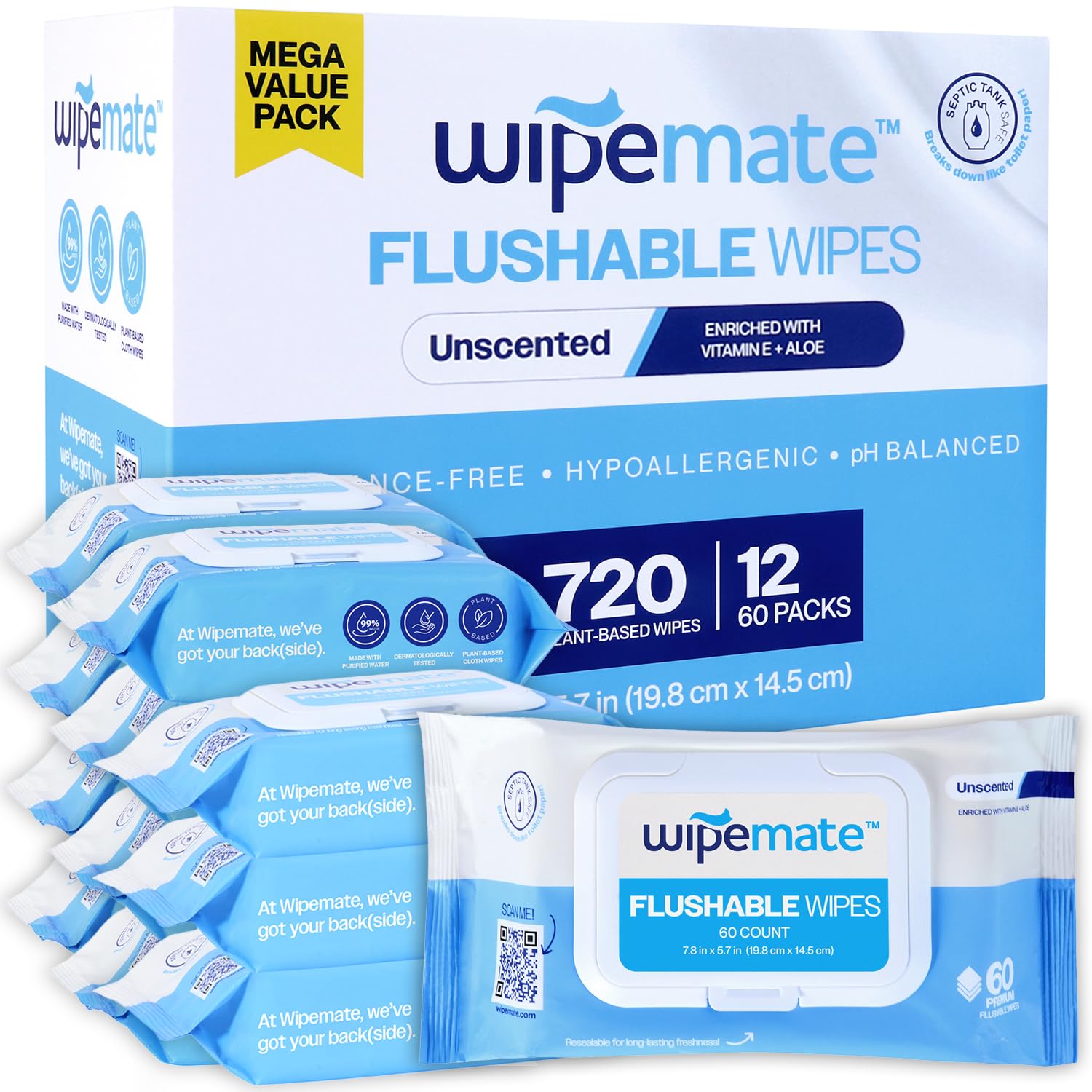 Wipemate ULTRA Flushable Butt Wipes, Soothing Vitamin E & Aloe, 99% ...