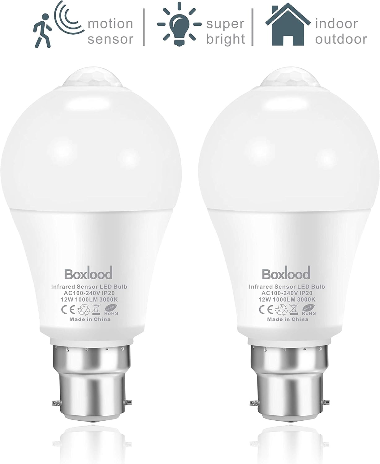 Boxlood PIR Motion Sensor Light Bulb, B22 Bayonet, 100W Equivalent ...