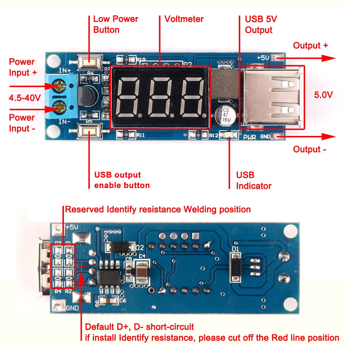 DC-DC 스텝 다운 모듈 -전압측정 지원, 5V/2A USB 출력 (DC-DC Step-Down Module with ...
