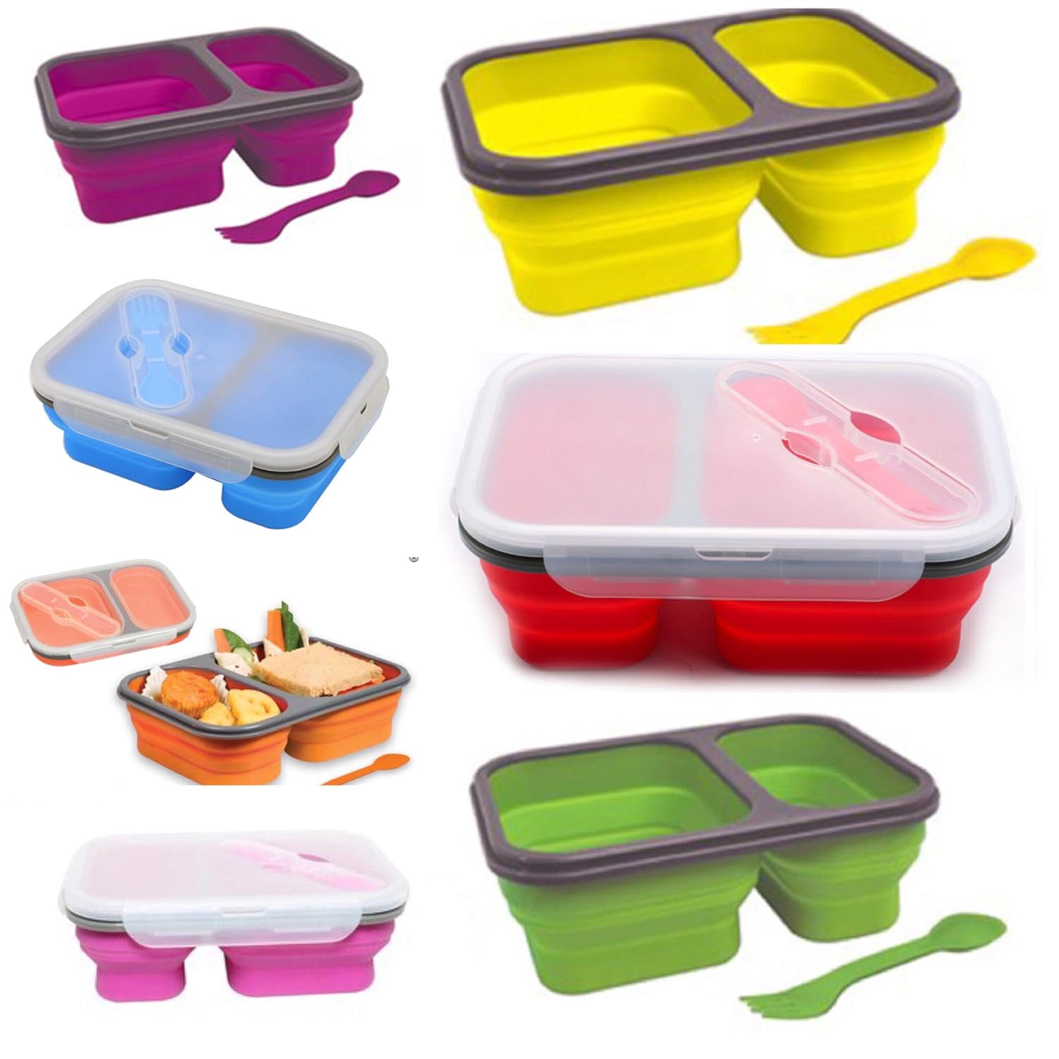 Collapsible lunchbox set (color options: orange, blue, pink) bento box ...