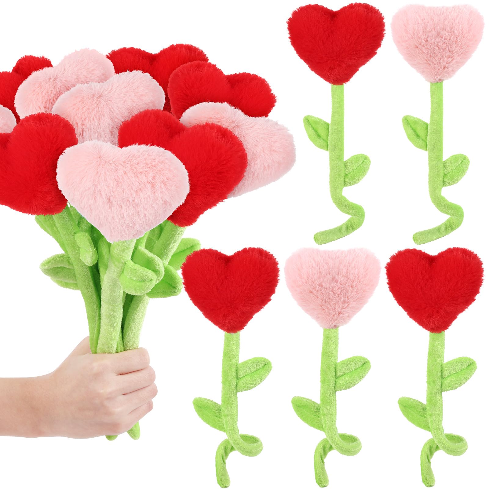 ZJoey 10 Pcs Plush Heart Flower Stuffed Bendable Stems Plush Bouquet ...