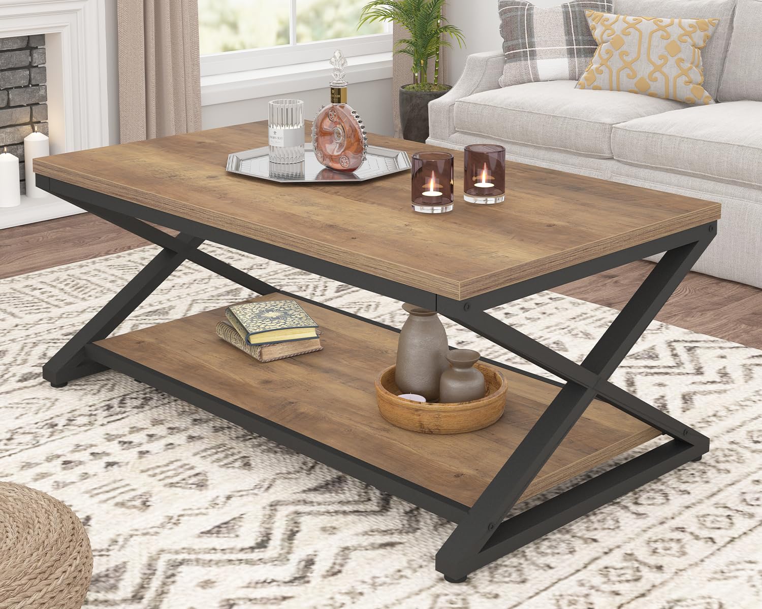 HSH Rustic Farmhouse Coffee Table, Modern Minimalist Wood and Metal Living Room Table, 2 Tie ...