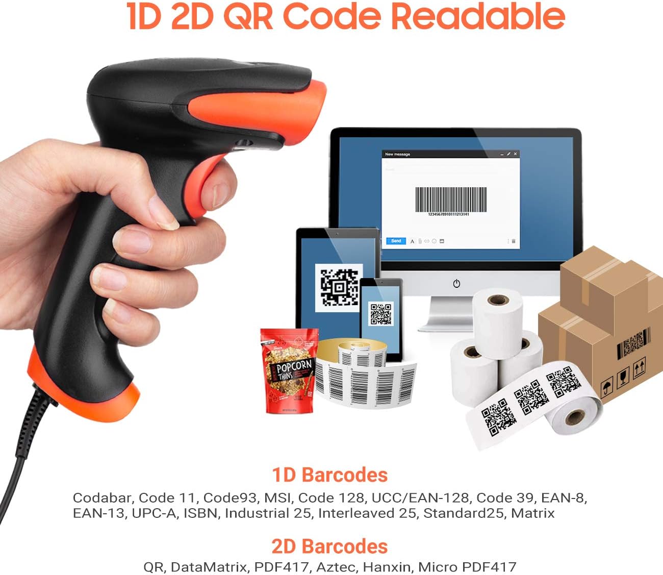 Tera 2D Barcode Scanner USB Wired Handheld Image Barcode Reader with Stand Read 2D QR Data ...