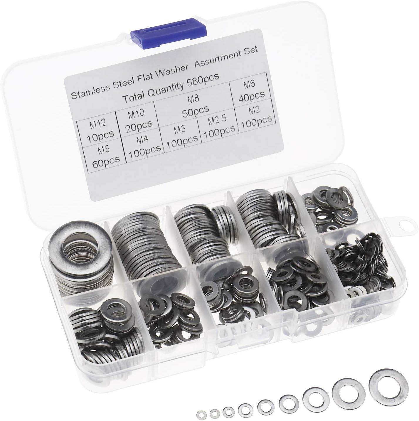 580pcs M2-M12 9 Size Flat Stainless Steel Washers Pack Penny Repair ...