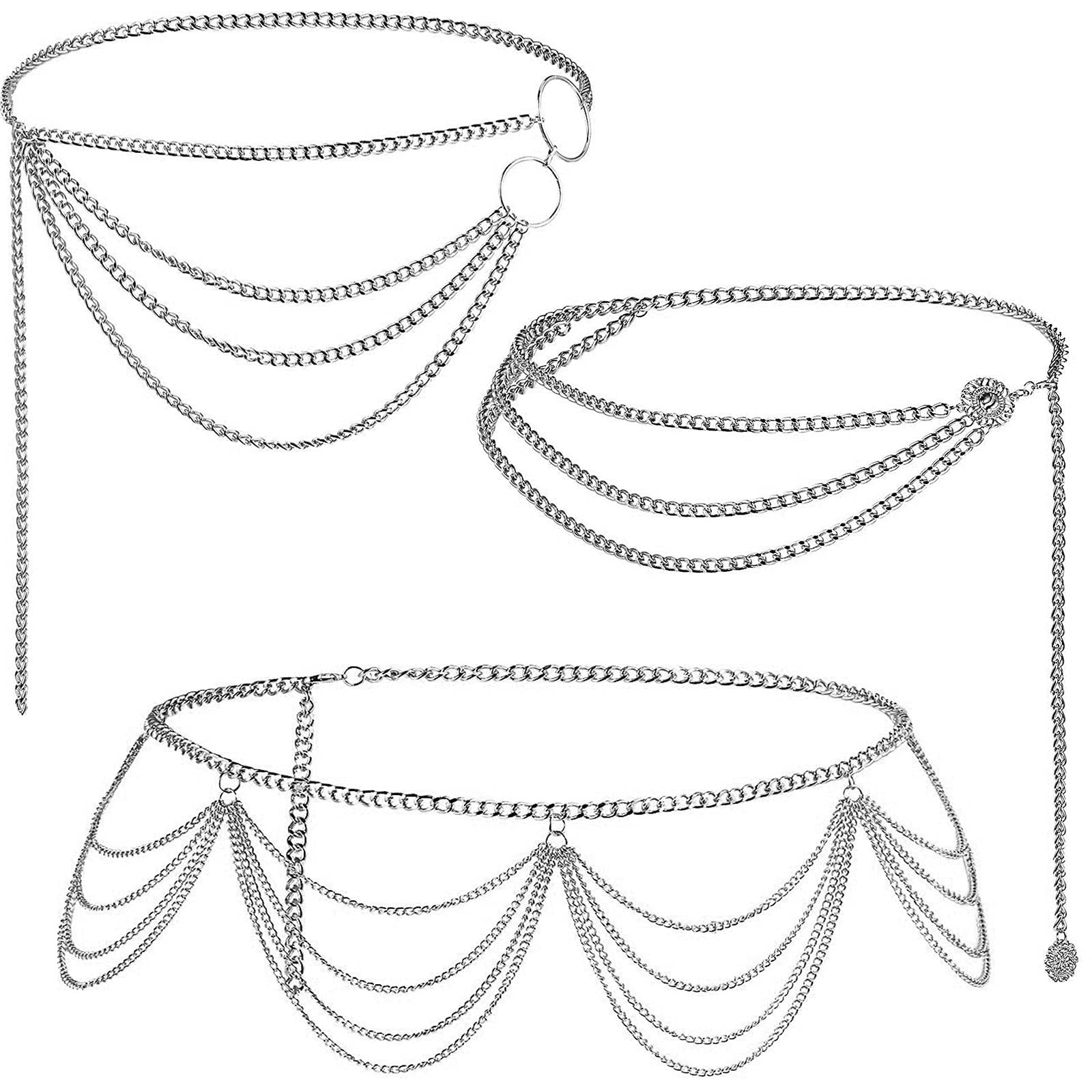 Hicarer 3 Pcs Silver Gold Waist Chain for Body Multi Layer Metal Chain ...