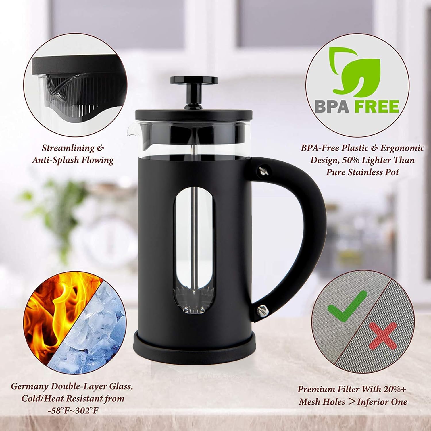 RAINBEAN French Coffee Press Cafeteria, 3 Cup Cafetiere Maker with ...