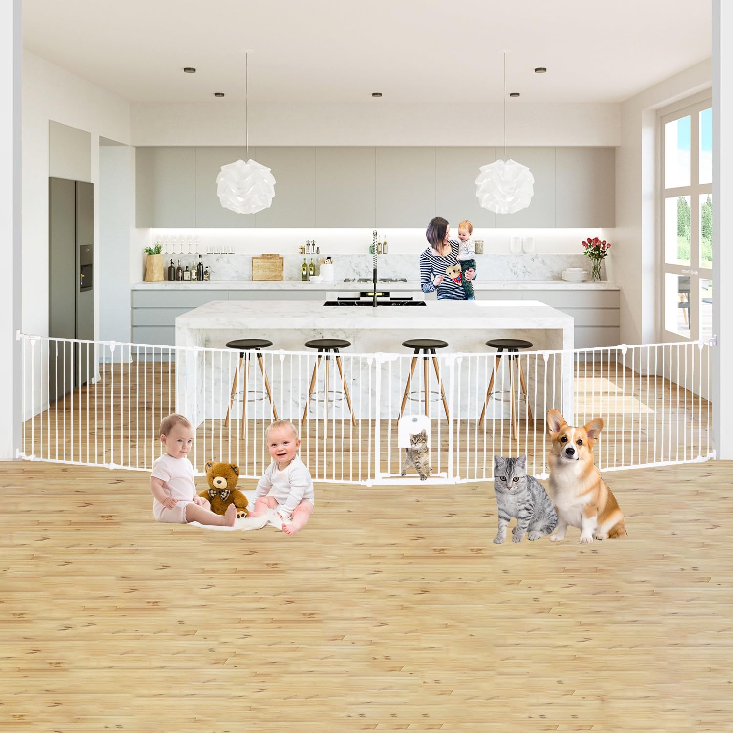 NexusSmash 199.21" Extra Wide Baby Gate with Cat Door, Auto Close Pet ...