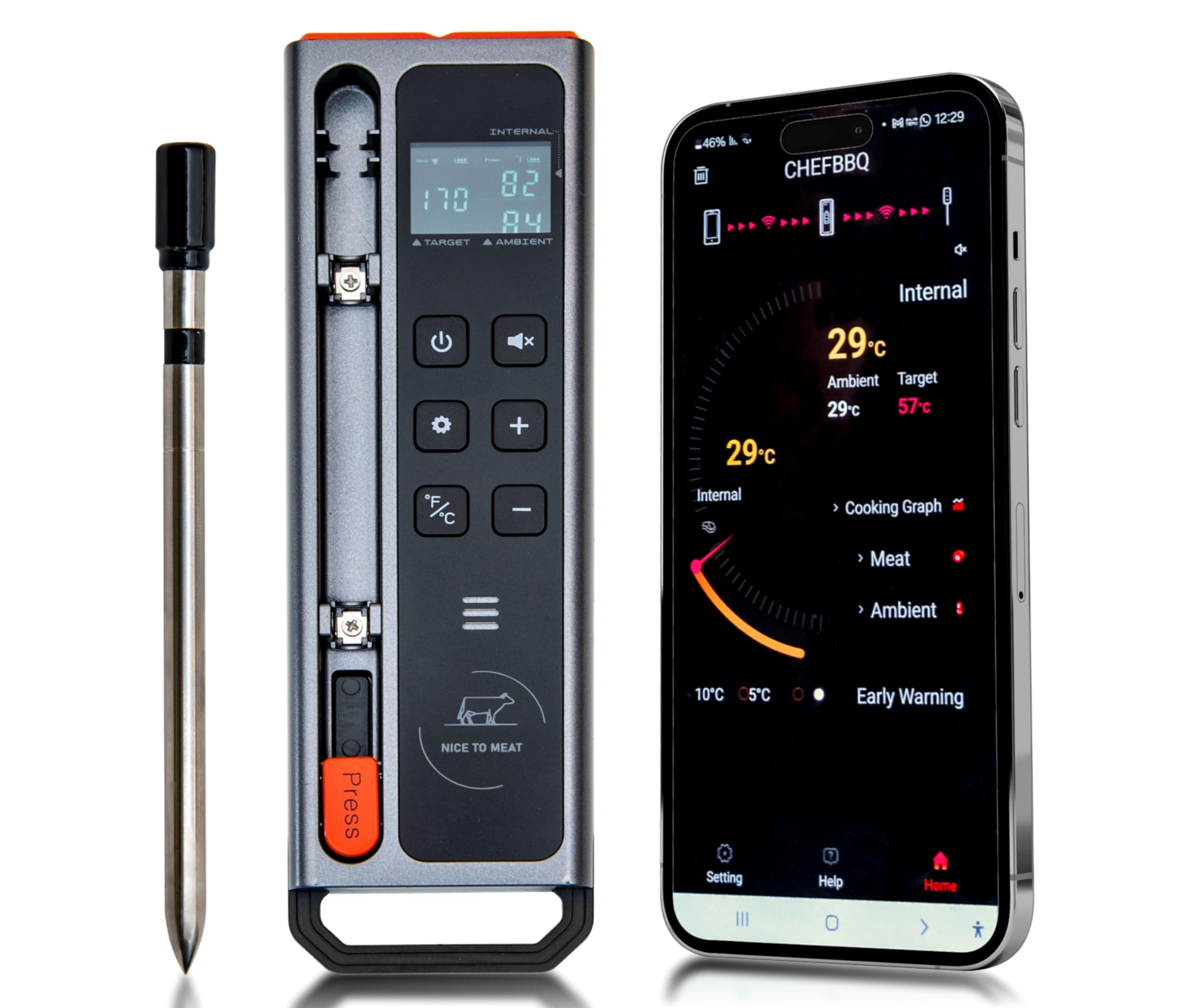 Nice to Meat Wireless Digital Meat Thermometer - Built-in Temperature ...