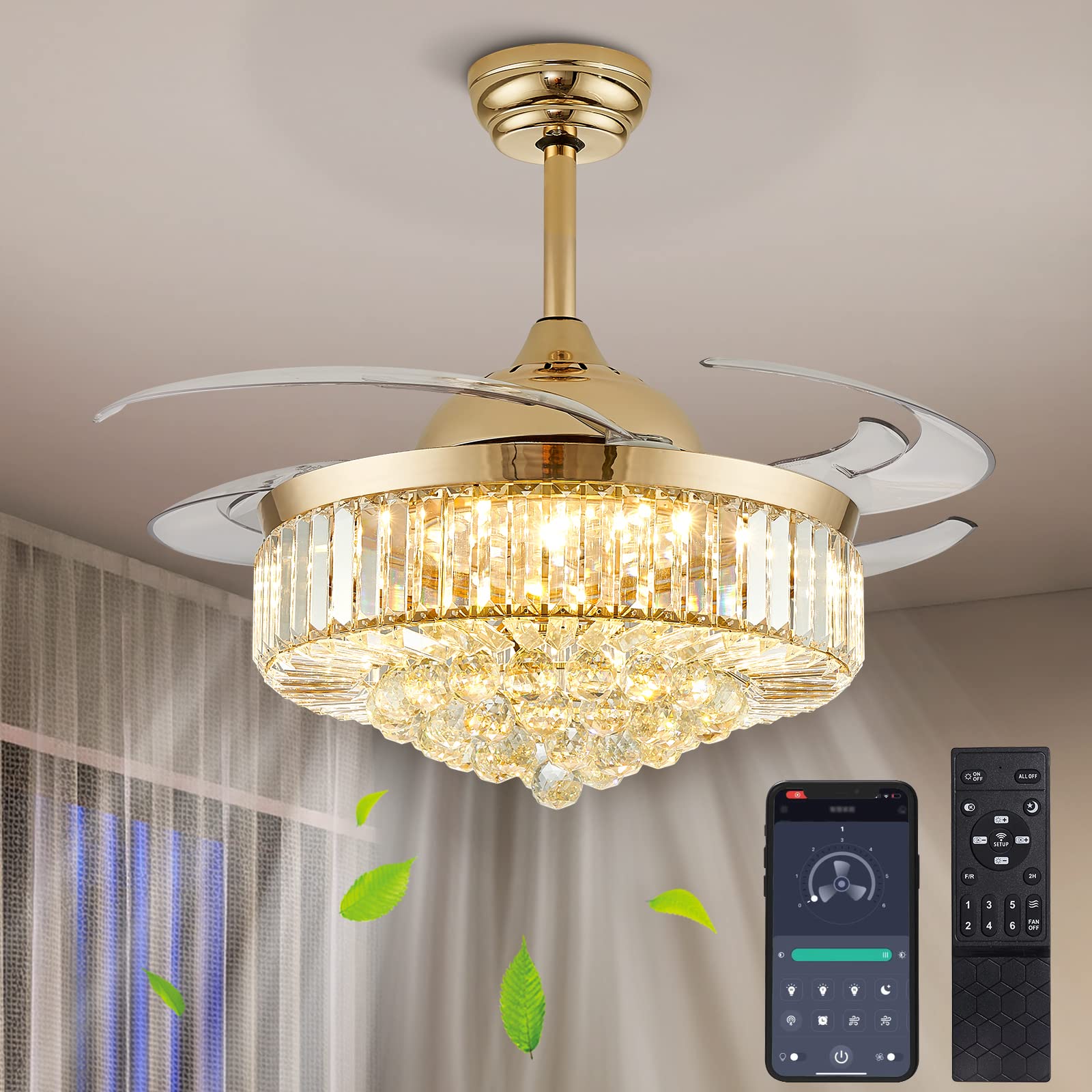 CROSSIO 48" Modern Gold Crystal Ceiling Fan with Light and Remote ...