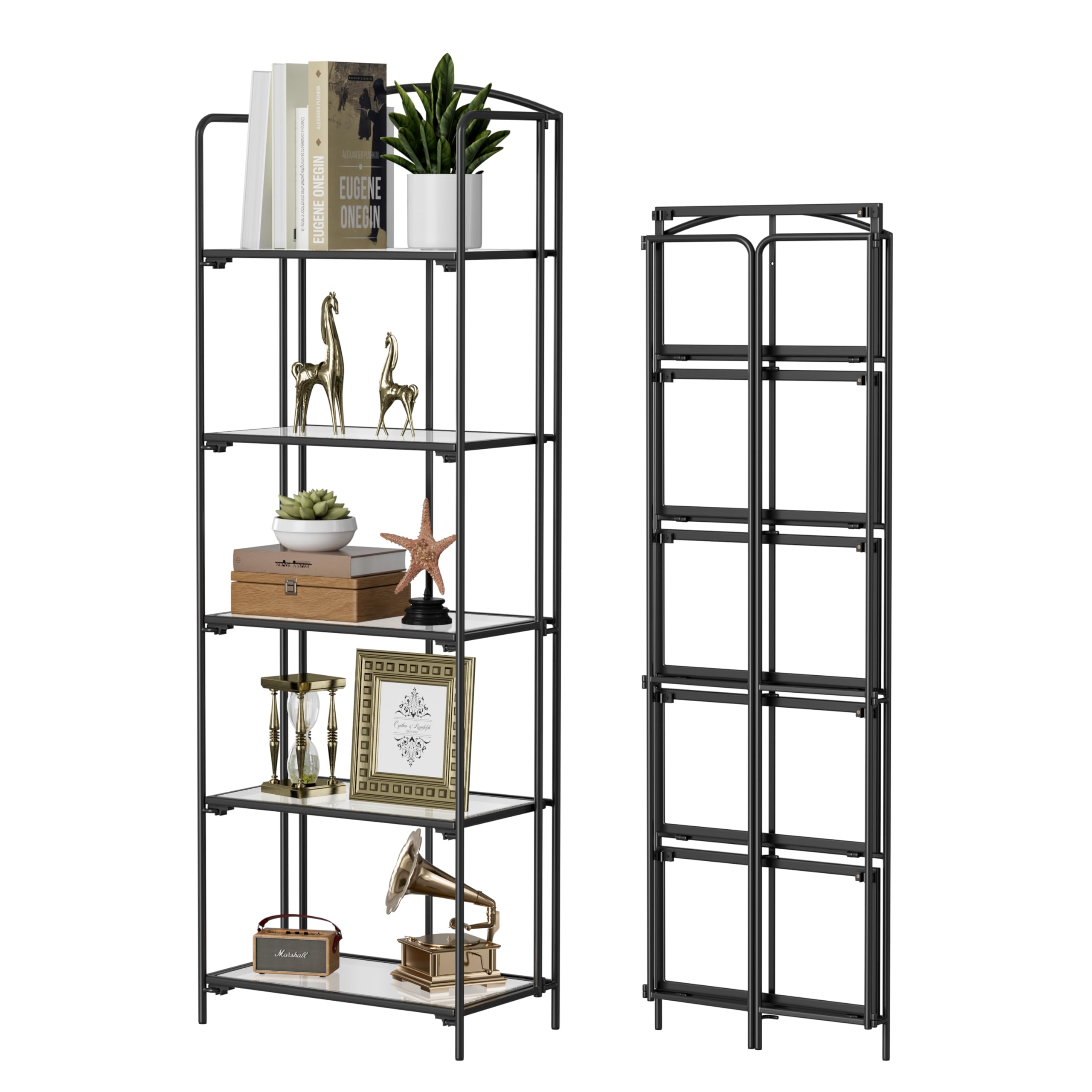 Crofy No Assembly Folding Bookshelf for Living Room, 5 Tier Black ...