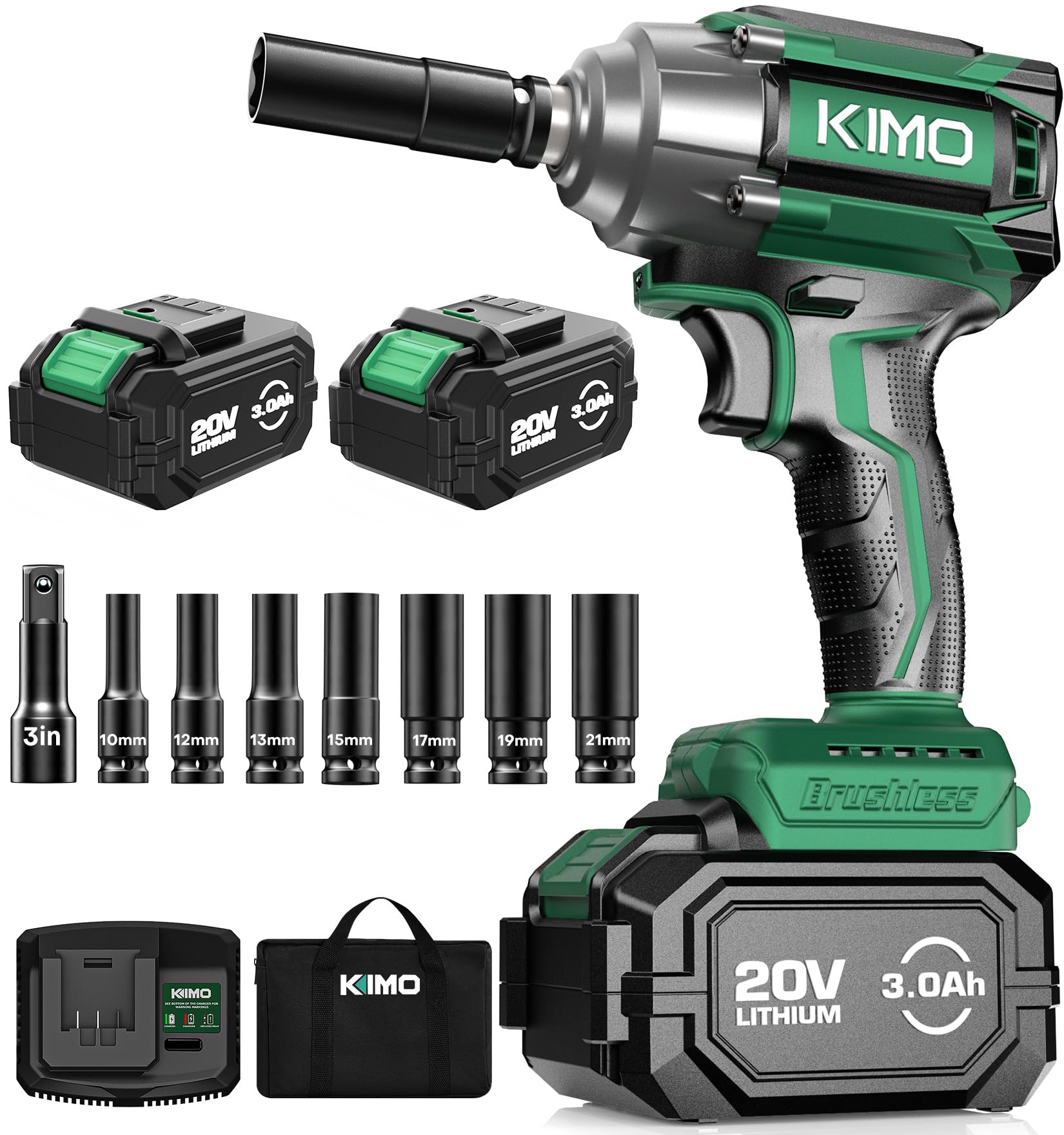 KIMO Impact Wrench 1/2 Cordless,550N.m/406ft-lbs Max Torque & 3000RPM, 2x20V 3.0Ah Battery ...