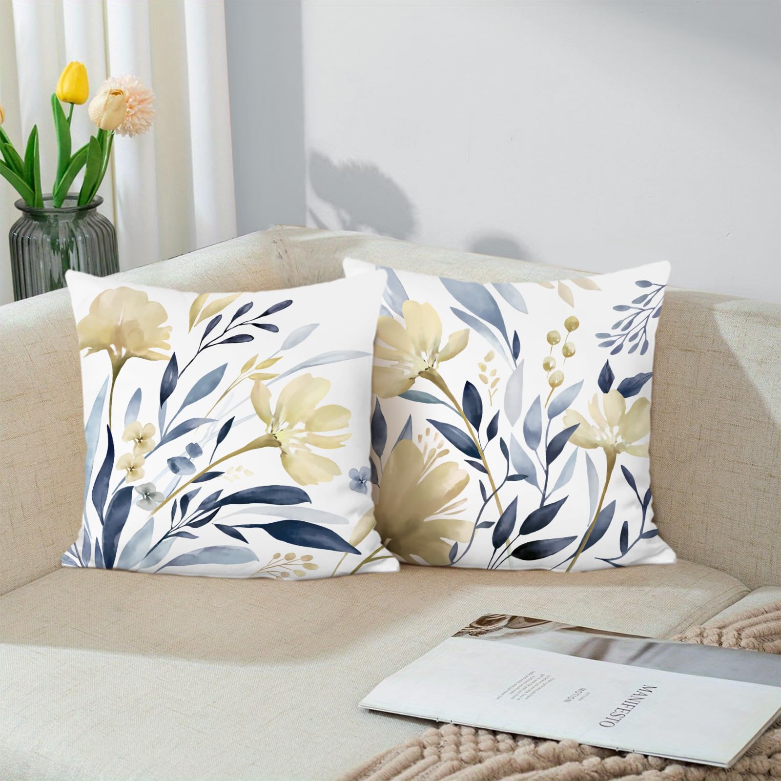 Bonhause Watercolor Floral Throw Pillow Covers 18 x 18 Inch Yellow Blue Flower Decorative Pillow ...
