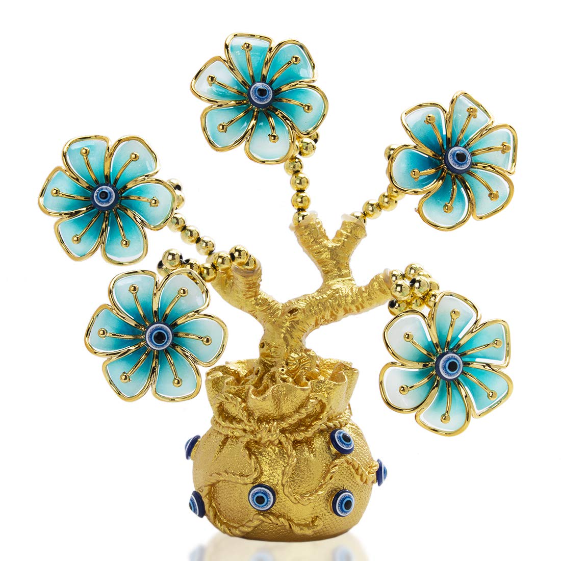 Turkish Blue Evil Eye Flowers Golden Resin Money Fortune Tree with ...