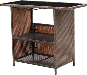 Amazon.com: Outdoor PE Wicker Bar Counter Table with 2 Steel Shelves ...