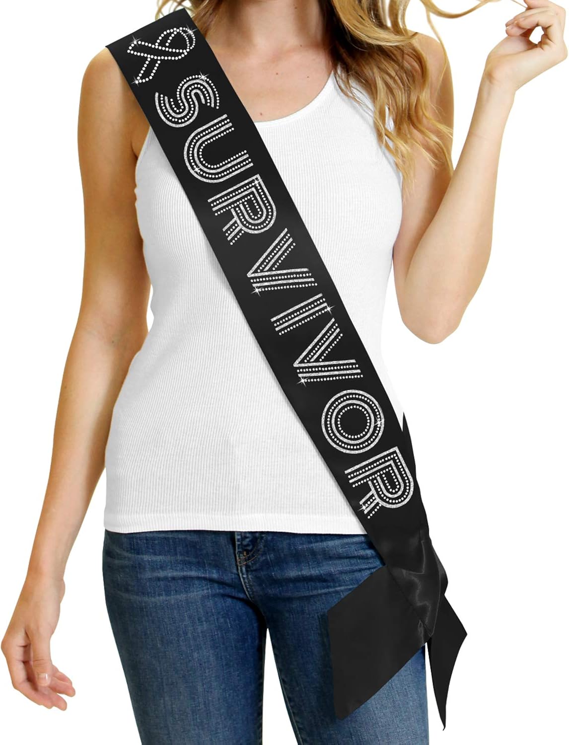 Cancer Survivor Sash with Ribbon - Silver Glitter & Rhinestone Survivor ...