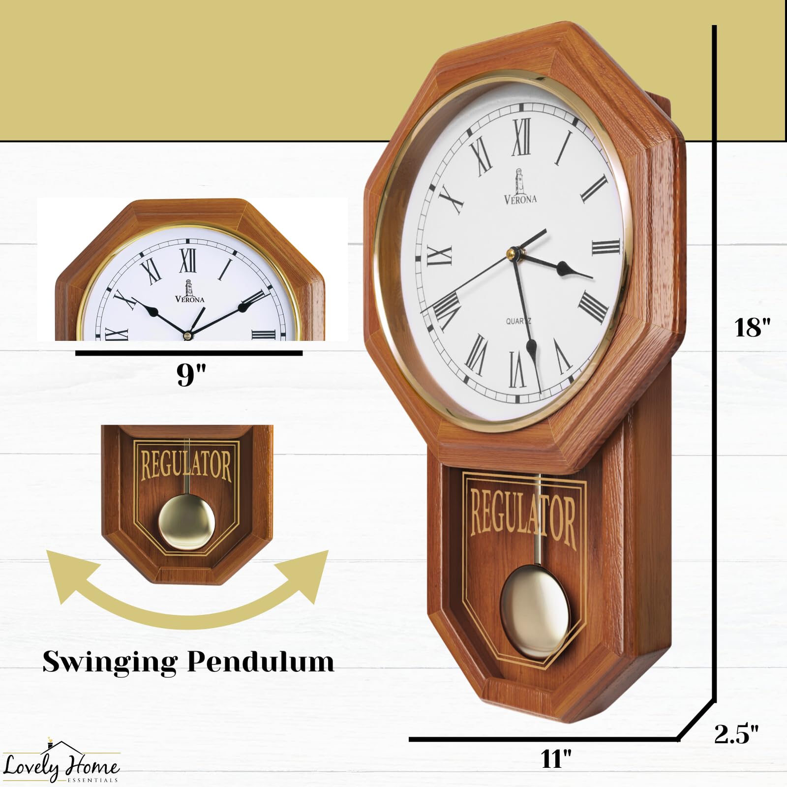 Mua Pendulum Wall Clock Battery Operated - Real Wood Regulator Clock ...