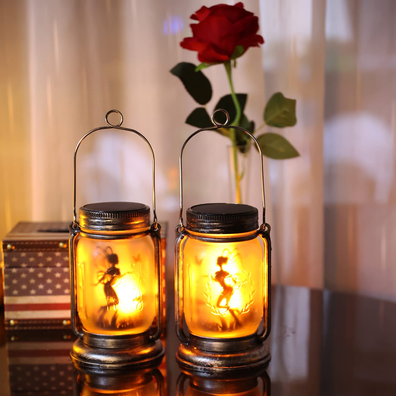 ANGMLN Solar Flame Lanterns Outdoor Waterproof, 2 Pack Garden Hanging ...