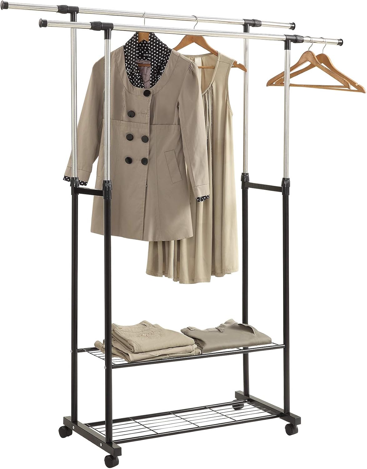 YUSONG Double Hanging Rail Telescopic Garment Rack, Adjustable Clothes ...