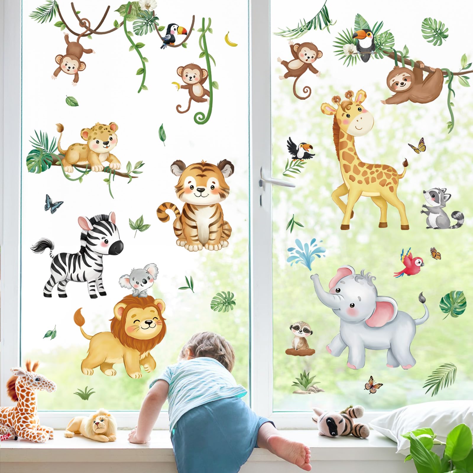 Decalmile Summer Safari Double Sided Jungle Animals Window Clings ...