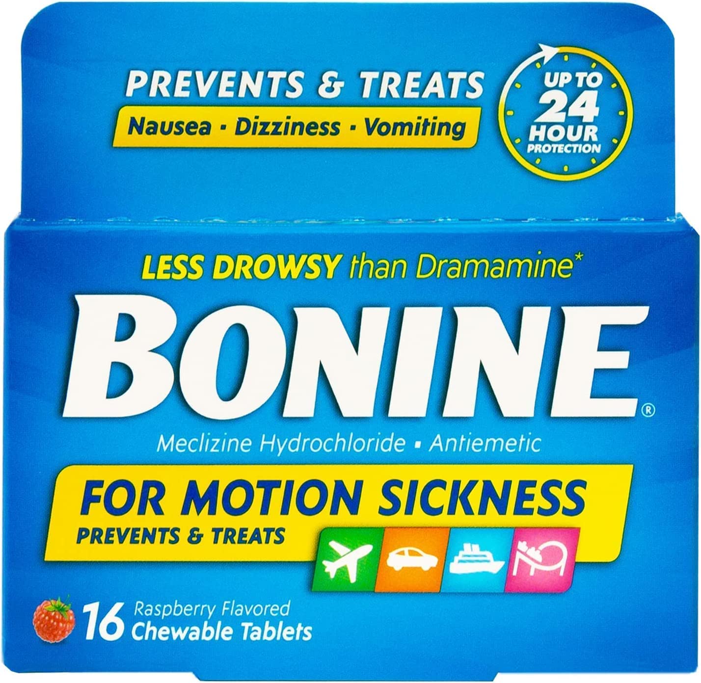 Bonine Motion Sickness Chewable Tablets, Raspberry Flavored, Meclizine ...